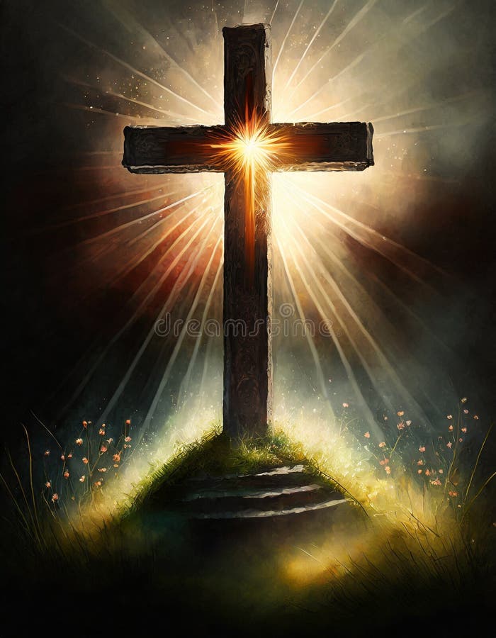 Cross on Hill among Clouds with Sun Rays Stock Illustration ...