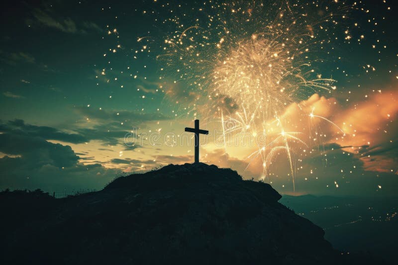 The Cross on a Hill with Dark Sky and Firework Stock Image - Image of ...