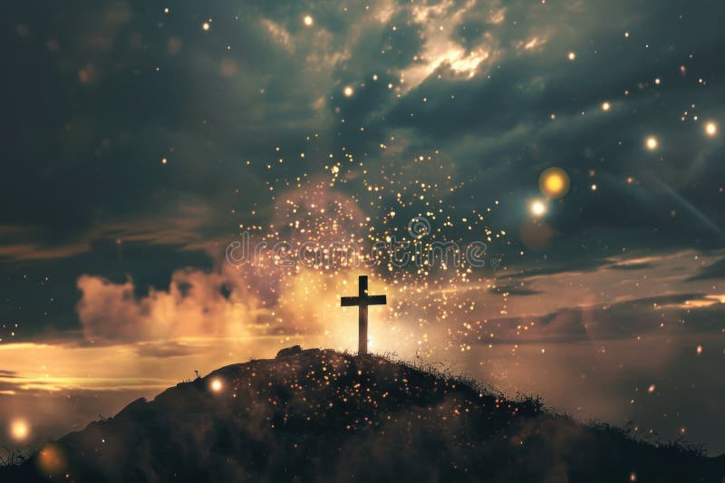 The Cross on a Hill with Dark Sky and Firework Stock Photo - Image of ...