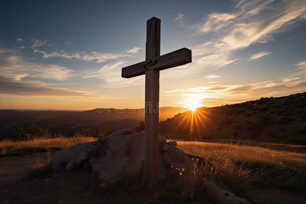 A Cross on a Hill with the Sun Setting Behind it Stock Image - Image of ...