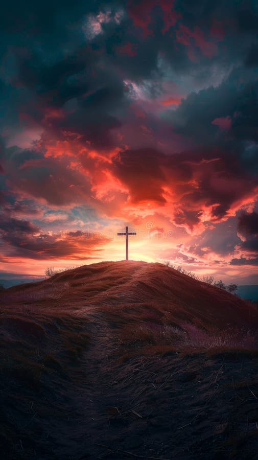 Cross on a Hill at Sunset with Dramatic Cloudy Sky, Inspirational and ...