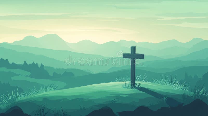 Cross on a Hilltop Landscape at Sunrise Stock Illustration ...