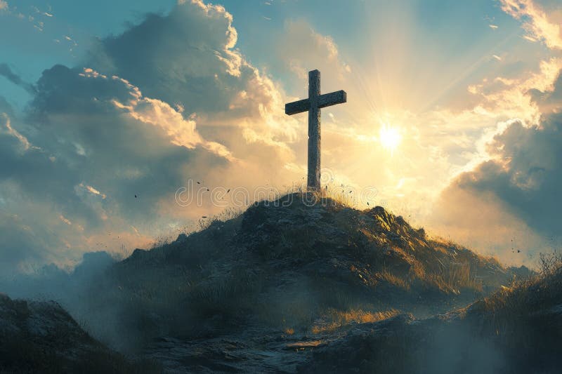 Cross on Hilltop with Sun Rays Breaking through Clouds Stock Photo ...