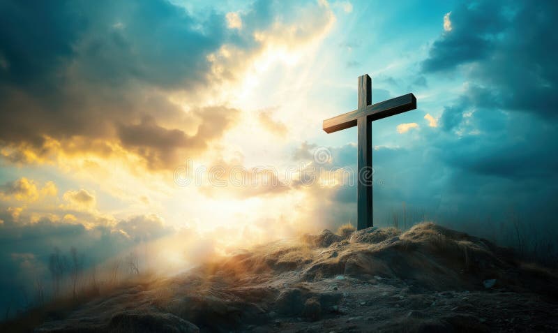 Cross on Hilltop Under Dramatic Sky with Sunlight Breaking through ...