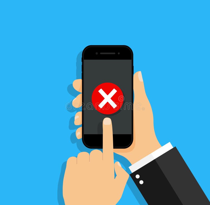 Cross Icon in Smartphone Screen. Hand Hold Phone with Button of Wrong ...
