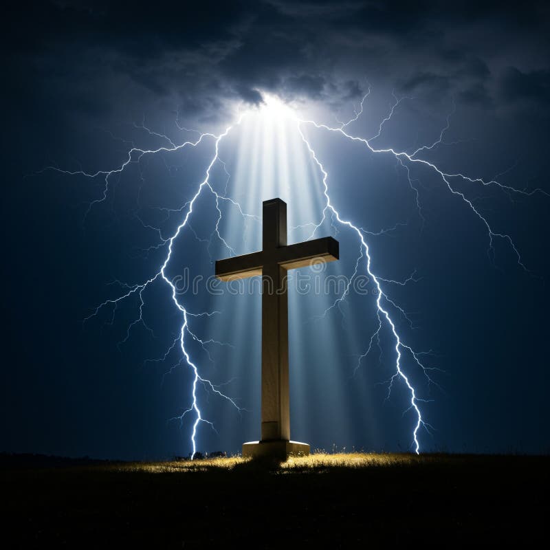 Cross Illuminated by Lightning and Light Rays. Stock Illustration ...