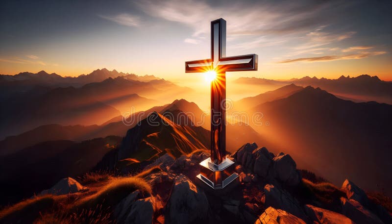 A Beautiful Cross on the Top of a Mountain with Sunset Background ...