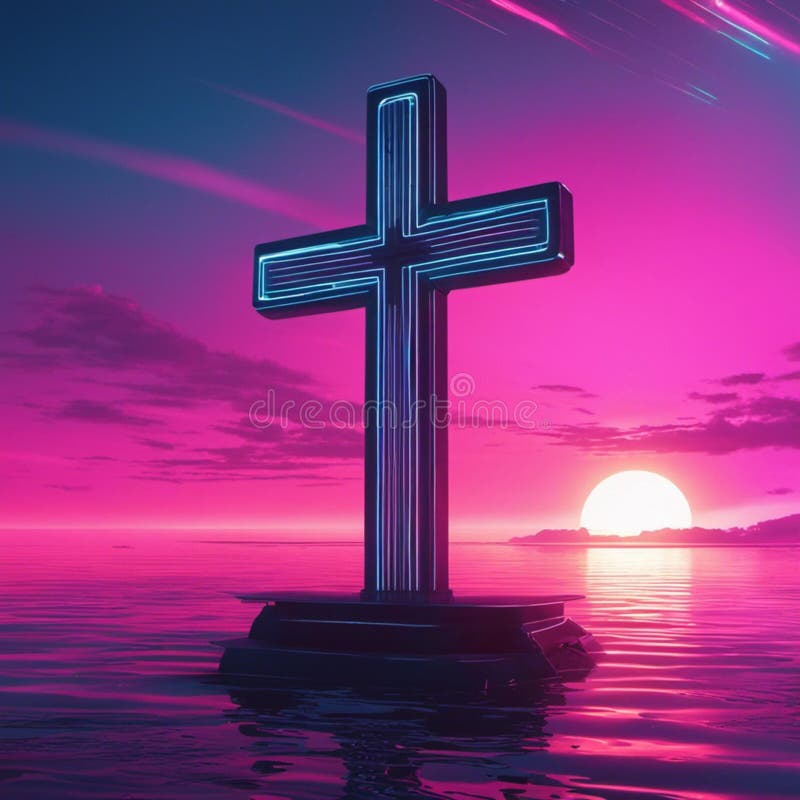 Cross on Lake in Front of Setting Sun Wallpaper Mural Stock ...