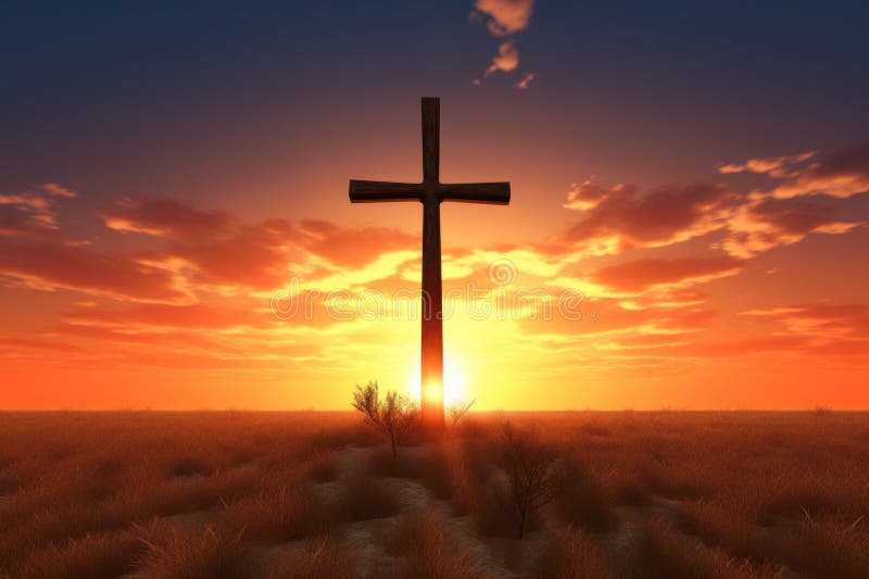 Cross on land with sunset stock illustration. Illustration of belief ...
