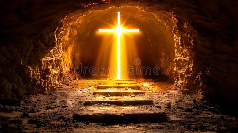 A Cross is Lit Up in the Middle of a Cave Stock Image - Image of ...