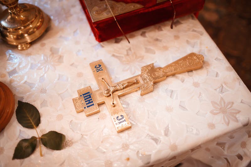 Cross Lying on the Table in the Church Stock Image - Image of cathedral ...