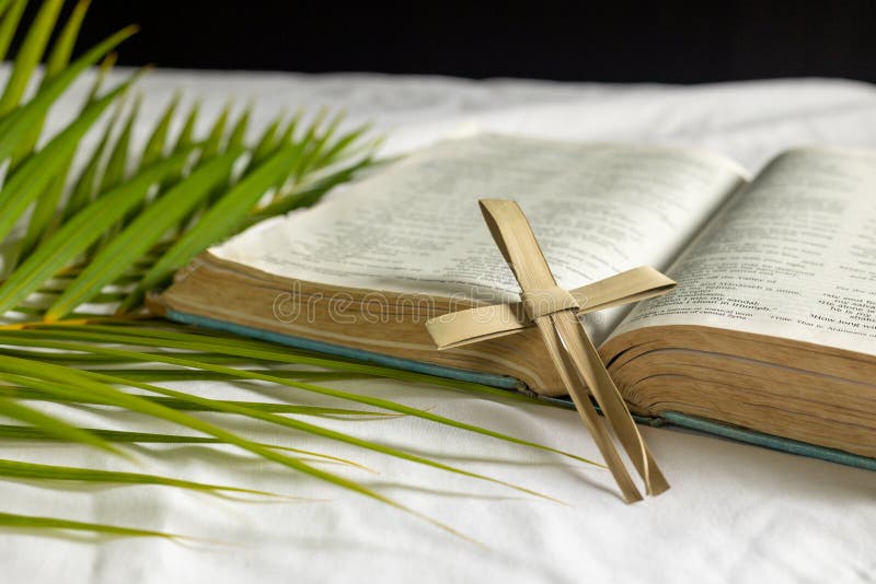 Cross Made from Palm Leaf with Bible and Palm Leaf Stock Photo - Image ...