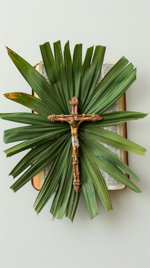 Cross Made from Palm Leaf with Bible and Palm Leaves Stock Photo ...