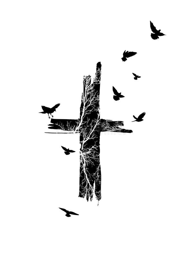 Cross Made of Tree Branches with Flying Birds . Vector Illustration ...