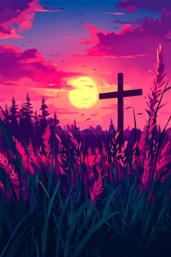 A Cross in the Middle of a Field of Tall Grass at Sunset Stock ...