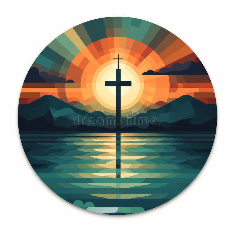 Cross on the Lake at Sunset with Reflection in Water, Vector ...