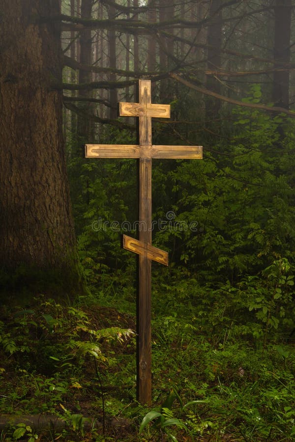 Cross in the misty forest stock photo. Image of forest - 59179716