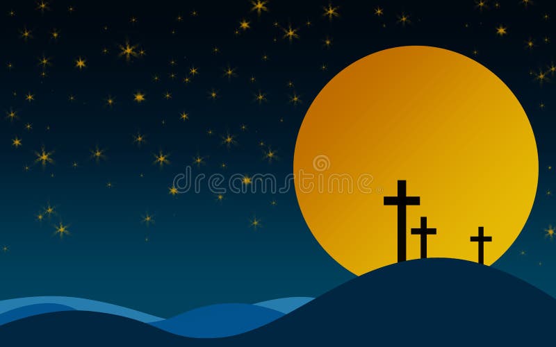 Cross on the Mountain with Full Moon Stock Illustration - Illustration ...