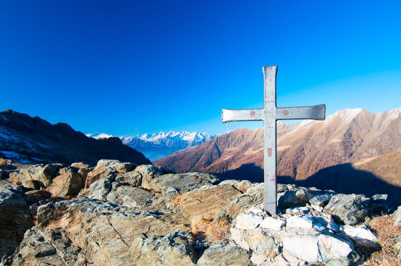Cross a Mountain with a Landscape Stock Photo - Image of christianity ...