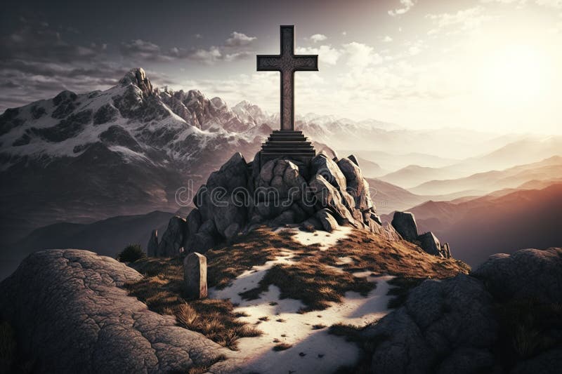 Cross in mountains stock illustration. Illustration of christian ...
