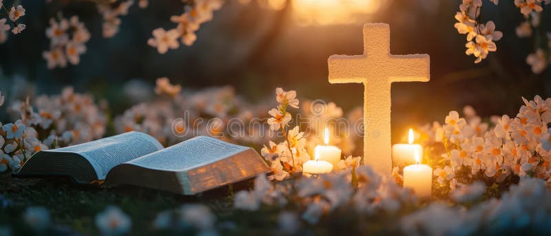 A Cross and an Open Book Rest Peacefully on the Grass, Symbolizing ...