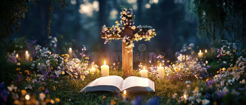 A Cross and an Open Book Stand in a Serene Field, Symbolizing Faith and ...