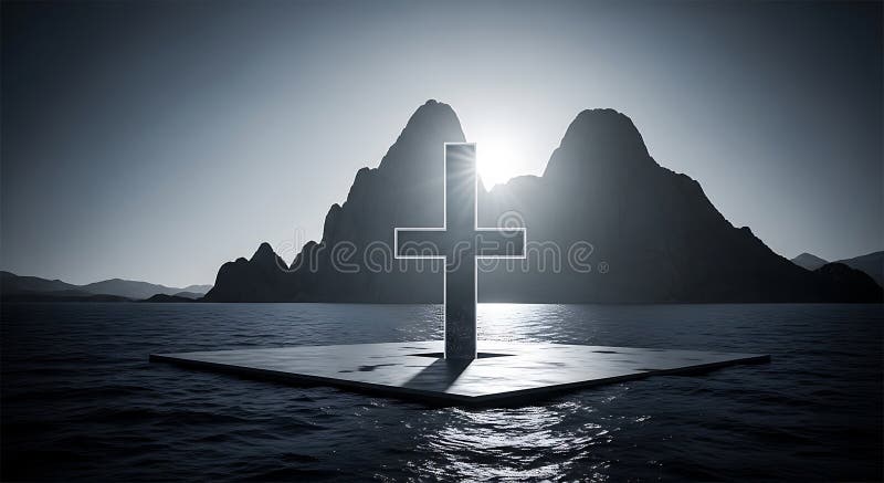 Cross Over Water with Mountains and Sunlight Stock Illustration ...