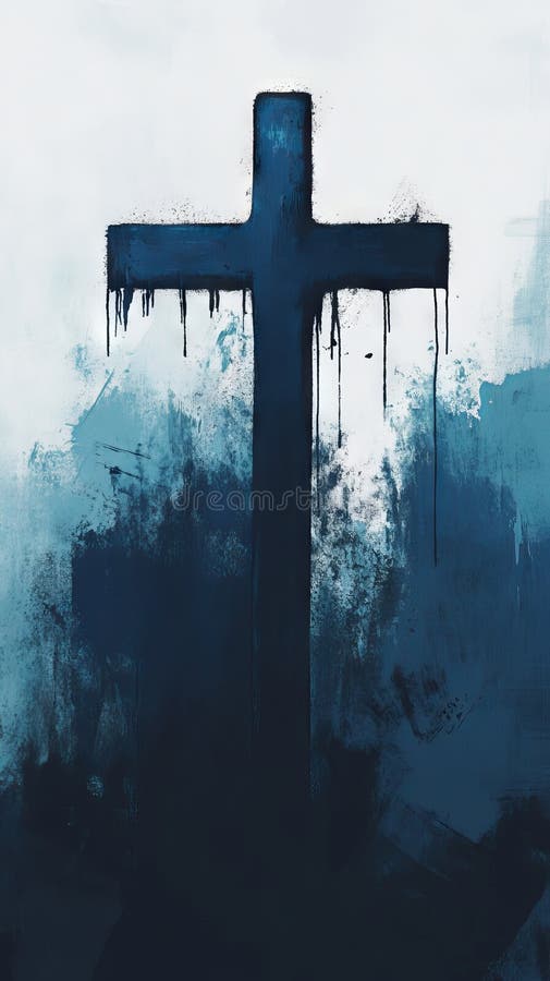 A Cross is Painted in Blue with a Dripping Paint Effect Stock ...