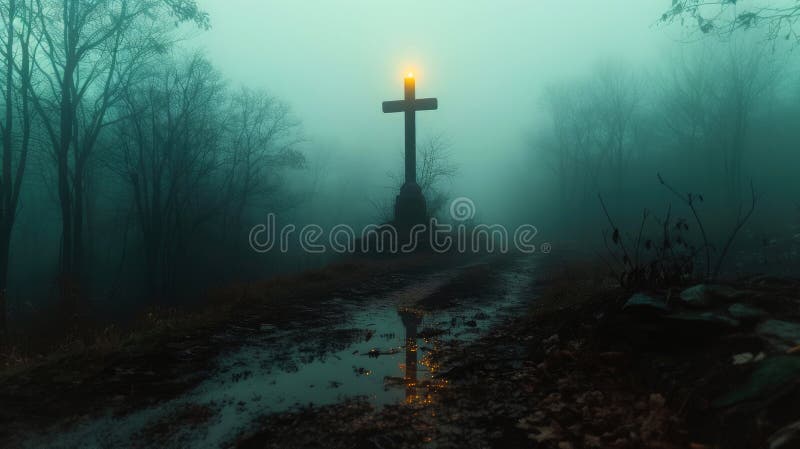 Cross on the Path. Cross with a Warm Light in a Cold, Foggy Morning ...