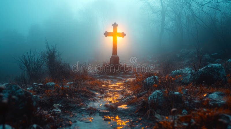 Cross on the Path. Cross with a Warm Light in a Cold, Foggy Morning ...