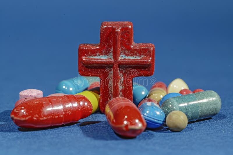 Cross and Pills on Blue Background. Generative AI Stock Illustration ...