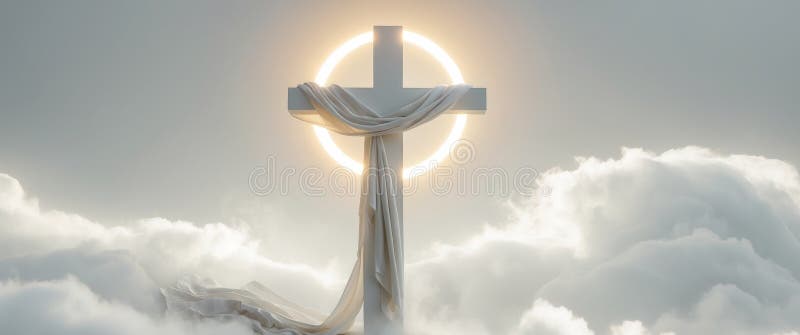 Cross with Radiant Halo and Draped Cloth in Clouds. Stock Photo - Image ...