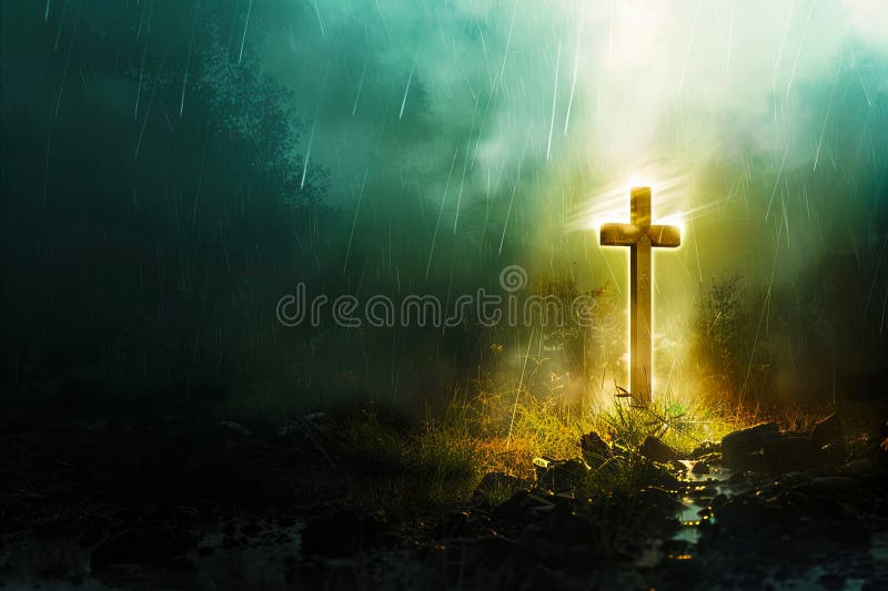 A Cross in the Rain with a Bright Light Shining through Stock Photo ...