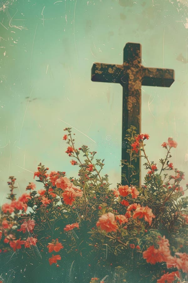 Cross with Red Flowers in the Field, Retro Toned Image. Stock ...