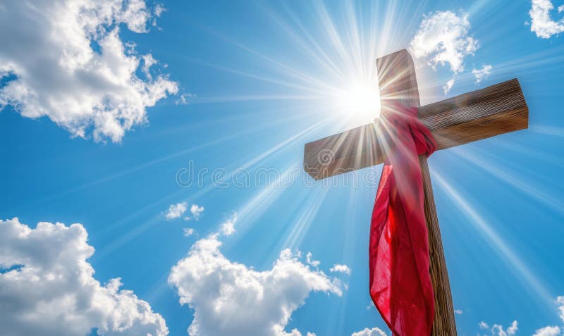 Cross with Red Ribbon Under Bright Sun Rays Stock Photo - Image of ...
