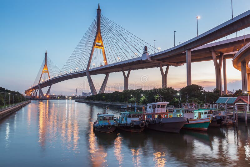 Cross River Bridge during Twilight Time with Lighting Stock Image ...