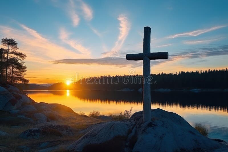 A Cross on a Rock by a Body of Water Stock Illustration - Illustration ...