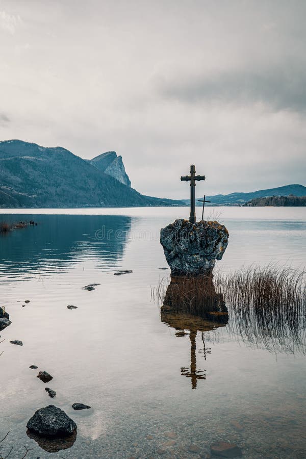 Cross on Rock in Lake Mond Surrounded Mountains Stock Image - Image of ...