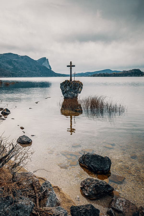 Cross on Rock in Lake Mond Surrounded Mountains Stock Photo - Image of ...