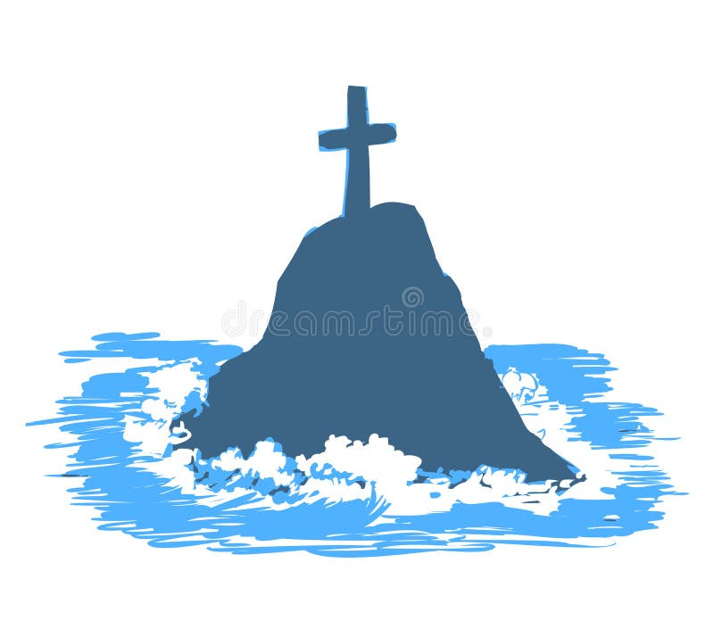 Cross on rock in the sea stock vector. Illustration of blue - 144851222