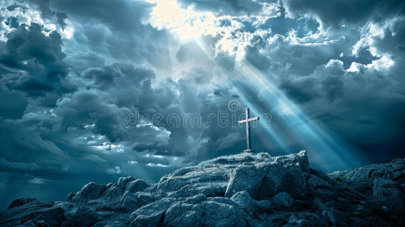 Cross on Rocky Hill Illuminated by Divine Light Under Dramatic Clouds ...