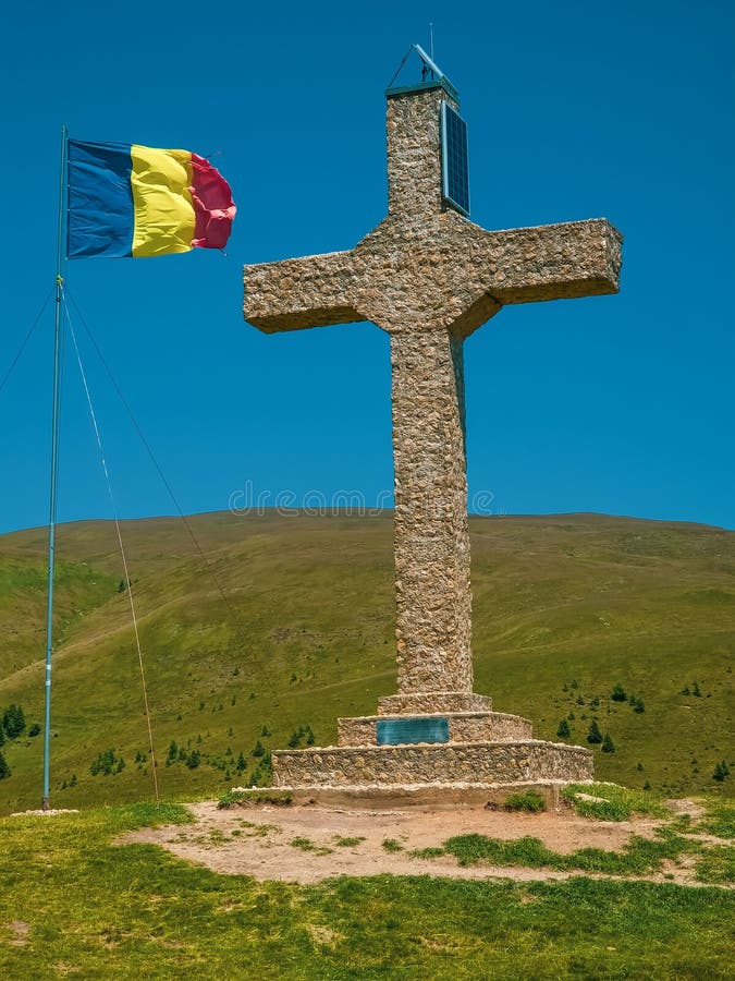Cross and Romanian Flag on Top of the Mount Bucegi Stock Image - Image ...
