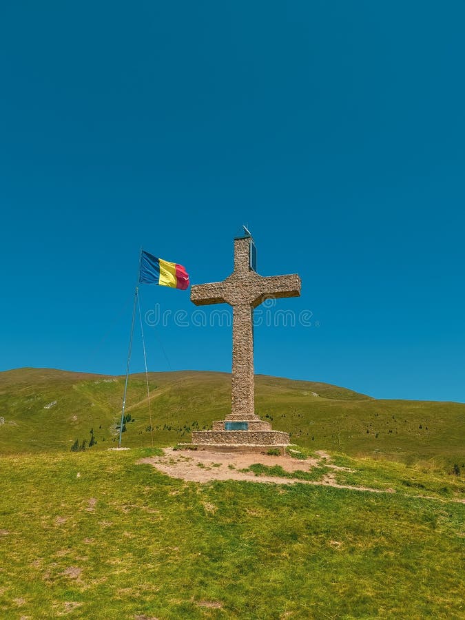 Cross and Romanian Flag on Top of the Mount Bucegi, Vertical Stock ...