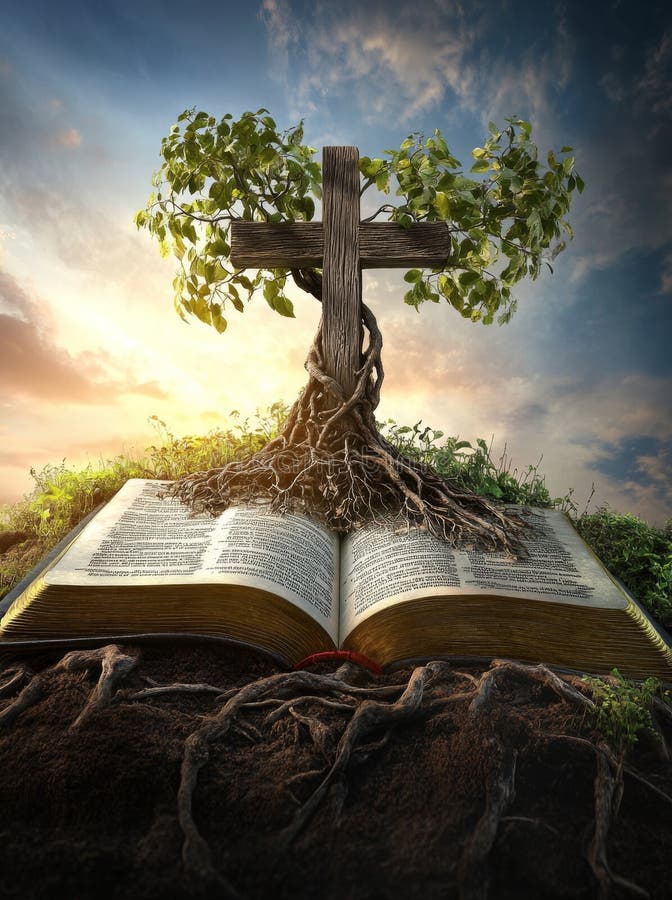 A Cross with Roots Deep in an Open Bible, Depicting the Vitality and ...