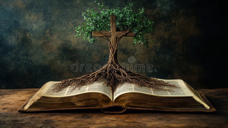 A Cross with Roots Emerging from an Open Book Symbolizing Growth and ...