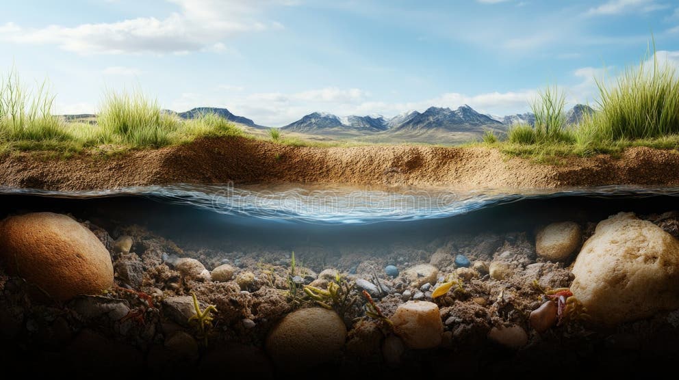 Cross-section of Aquatic Ecosystem with Grass and Mountains in ...