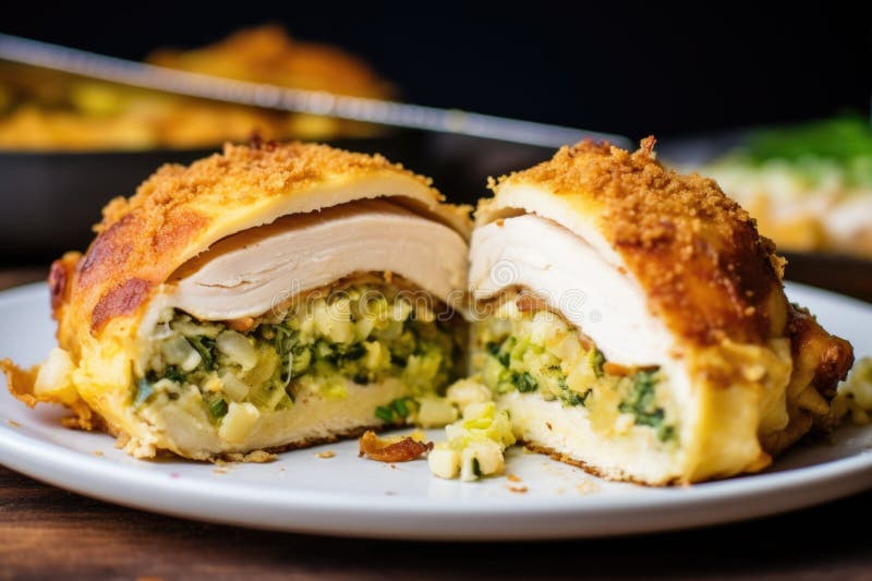 Cross-section of Cooked Stuffed Chicken Revealing Stuffing Stock Photo ...