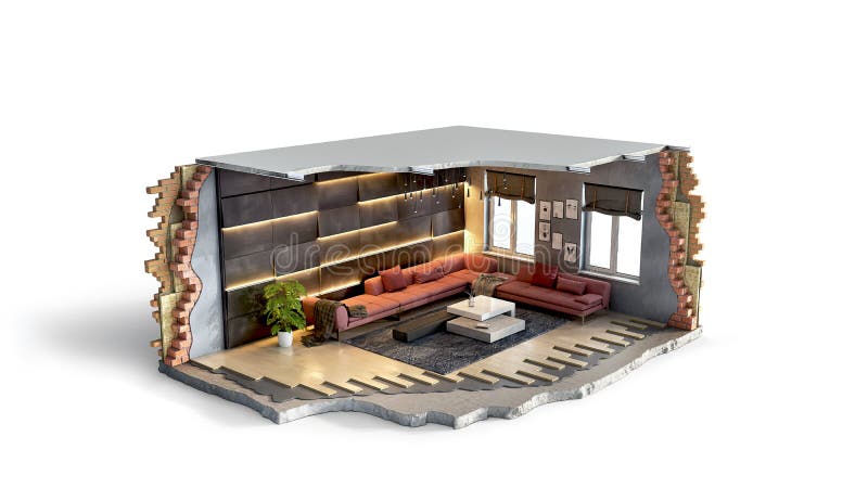 House Cross Section, View on Bathroom, Kitchen and Living Room Stock ...