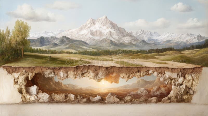 Cross Section of Earth Landscape with Mountain, Plains, and Underground ...