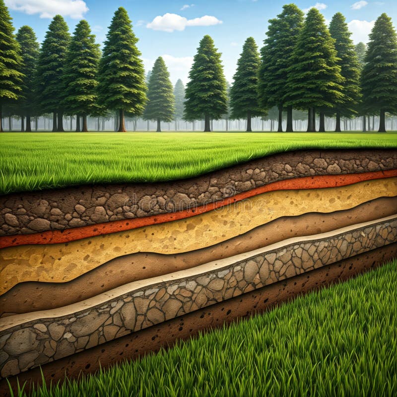 Cross-section of Earth Layers Beneath Forested Landscape Stock ...